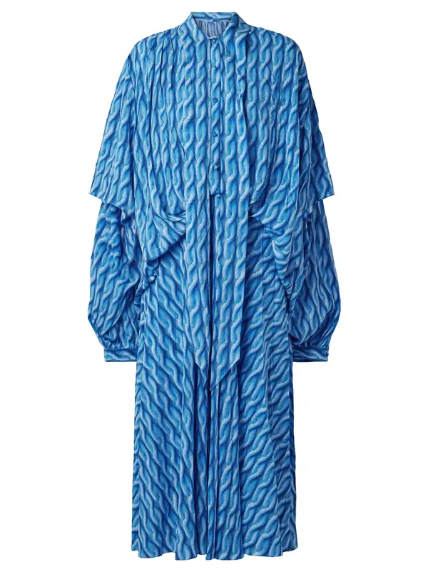 Balenciaga Pussy-bow Printed Crepe De Chine Midi Shirt Dress - Blue