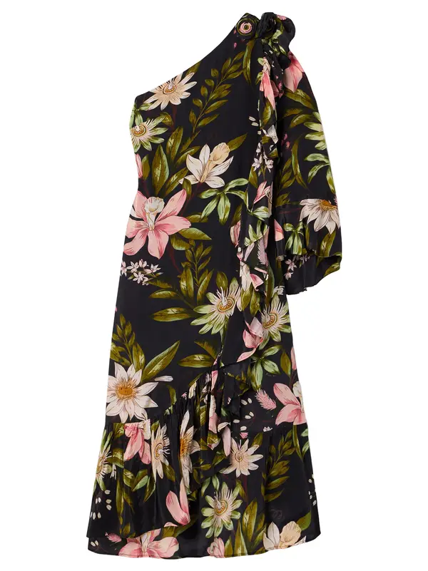 Farm Rio One-sleeve Ruffled Floral-print Midi Dress - Black