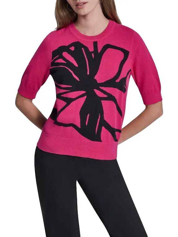 Dkny Graffiti Floral Jacquard Short Sleeve Sweater - Hot Pink/black