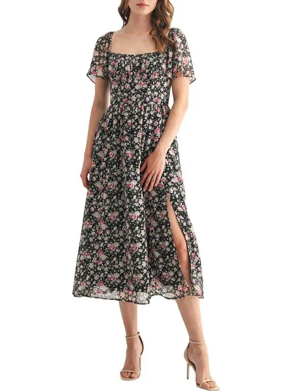 ALL IN FAVOR Floral Butterfly Sleeve Midi Dress - Black Pink Floral