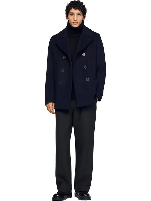 Sandro Straight-fit Wool-blend Pea Coat - Navy Blue