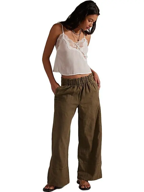 Free People Day's End Linen Pull-on Pants - Beech Leaves