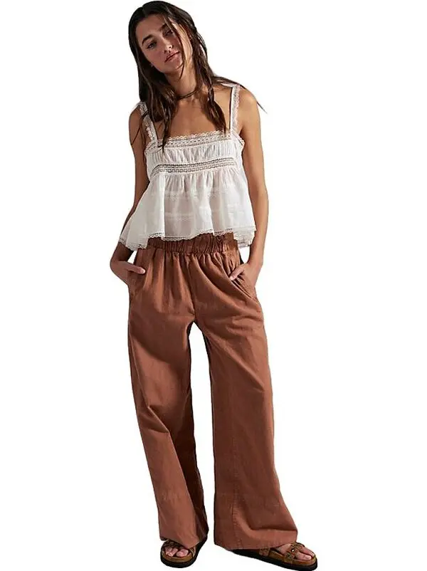 Free People Day's End Linen Pull-on Wide Leg Pants - Canyon Sunset