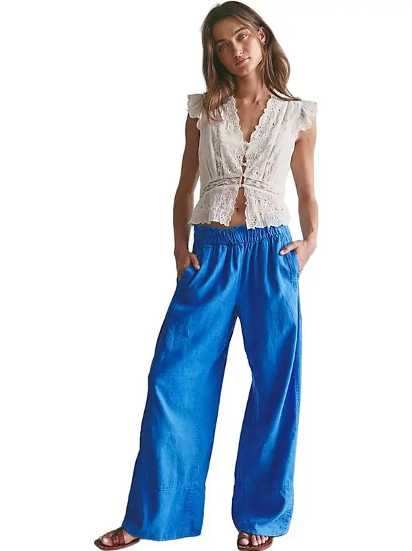 Free People Day's End Linen Pull-on Wide Leg Pants - Hawaiian Ocean