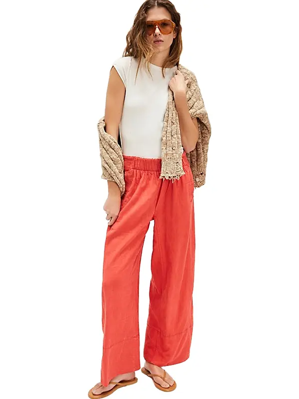 Free People Day's End Linen Pull-on Pants - Poppy Red