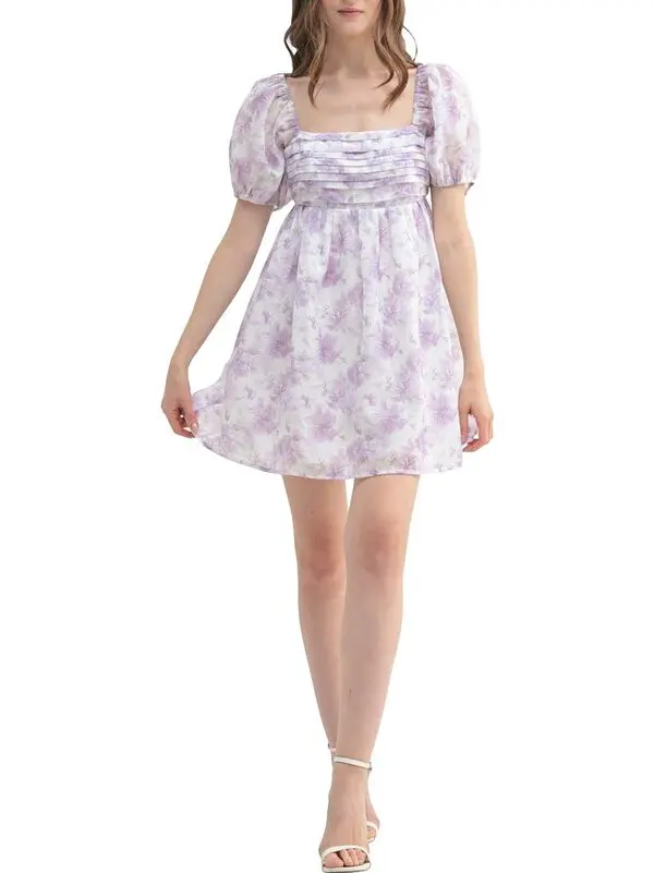 ALL IN FAVOR Floral Pleat Bodice Babydoll Mini Dress - Lavender Floral