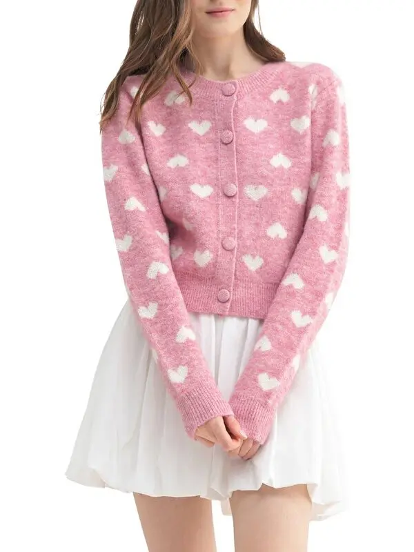ALL IN FAVOR Heart Jacquard Cardigan - Pink Cream