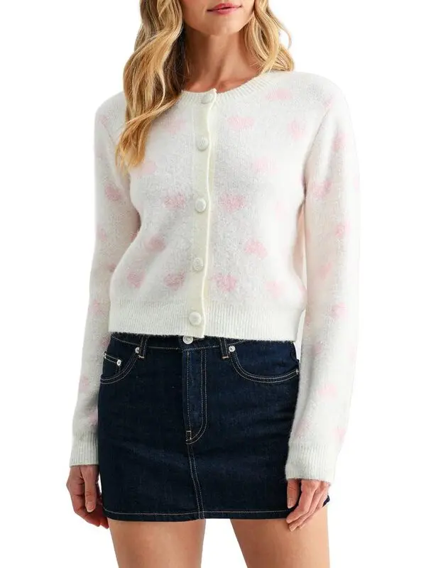 ALL IN FAVOR Heart Jacquard Cardigan - White Pink