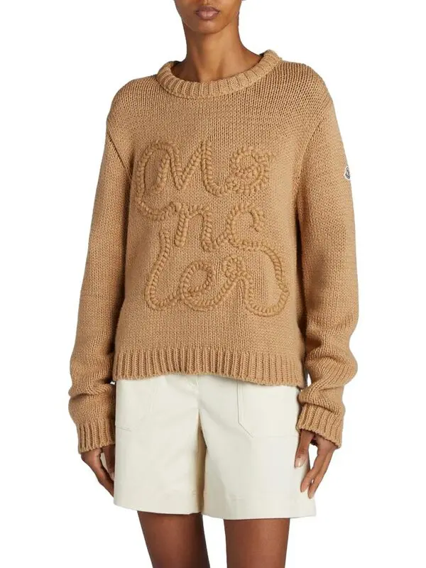 Moncler Logo Embroidered Crewneck Sweater - Beige Tan