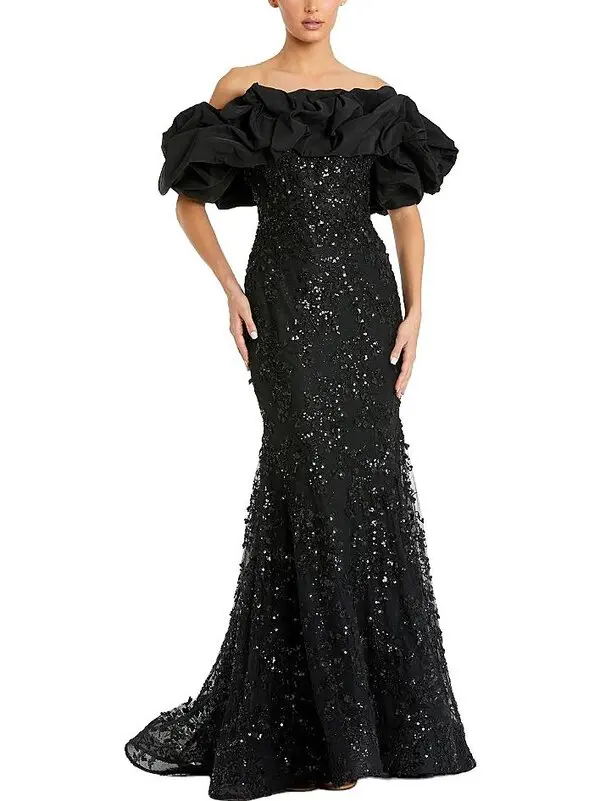 Mac Duggal Beaded Applique Off-the-shoulder Gown - Black