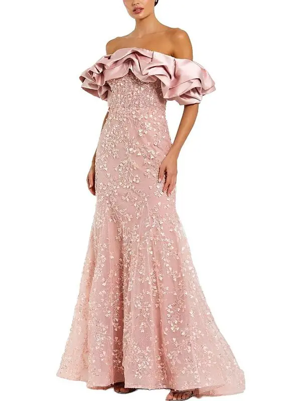 Mac Duggal Beaded Applique Off-the-shoulder Mermaid Gown - Rose