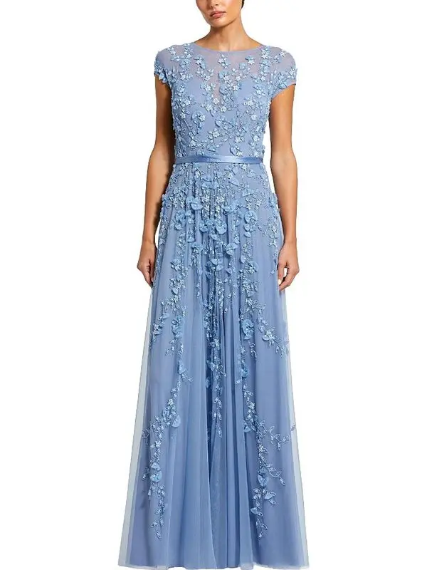Mac Duggal Floral Embellished Mesh Gown - Sky Blue
