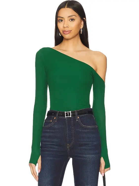 Michael Lauren Magdalino Asymmetrical Fitted Cold Shoulder Long Sleeve Top - Verde