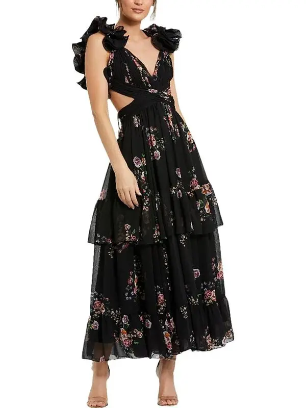 Mac Duggal Ruffle Tiered Cut-out Floral Print Chiffon Dress - Black Multi