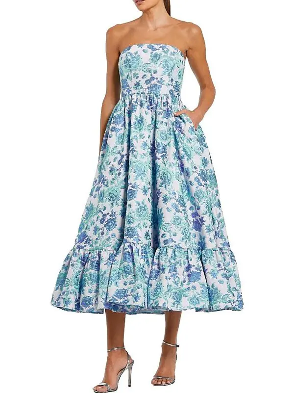 Mac Duggal Floral Brocade Strapless A-line Midi Dress - Blue Multi