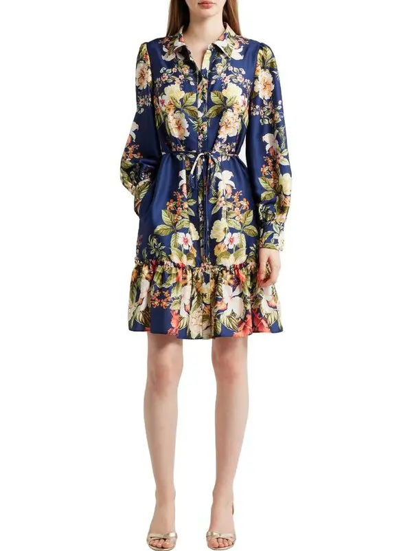 Julia Jordan Floral Satin Shirtdress - Navy Multi