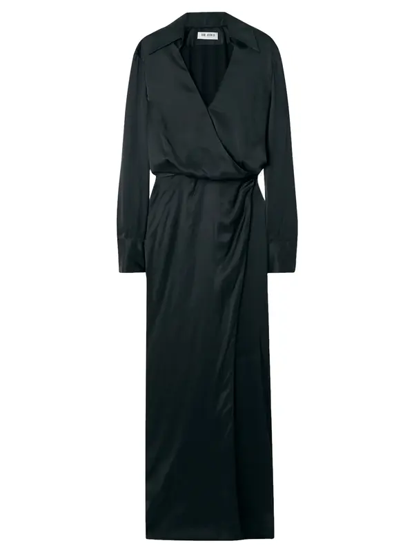 Attico Satin Maxi Wrap Dress - Black