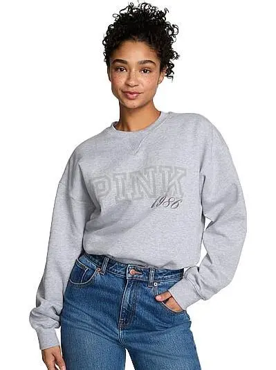 Pink Campus Fleece Oversized Crew Sweatshirt - Grey