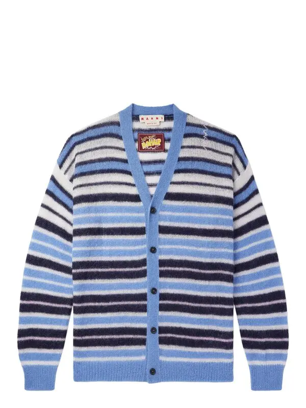 Marni Logo-embroidered Striped Mohair-blend Cardigan - Blue