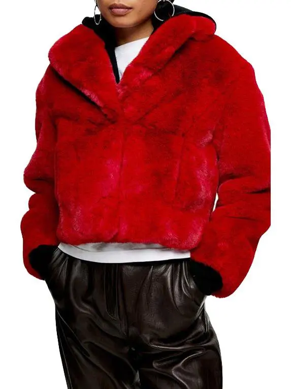 Topshop Faux Fur Crop Jacket With Notched Lapels - Red