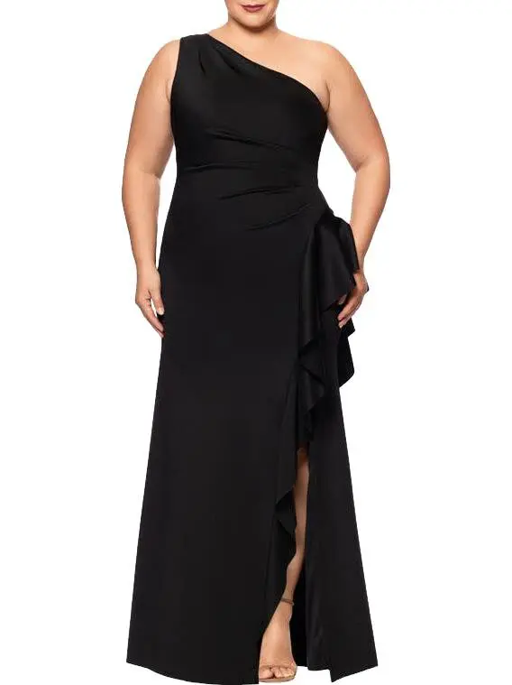 XSCAPE EVENINGS One-shoulder Ruffle Scuba Knit Gown - Black