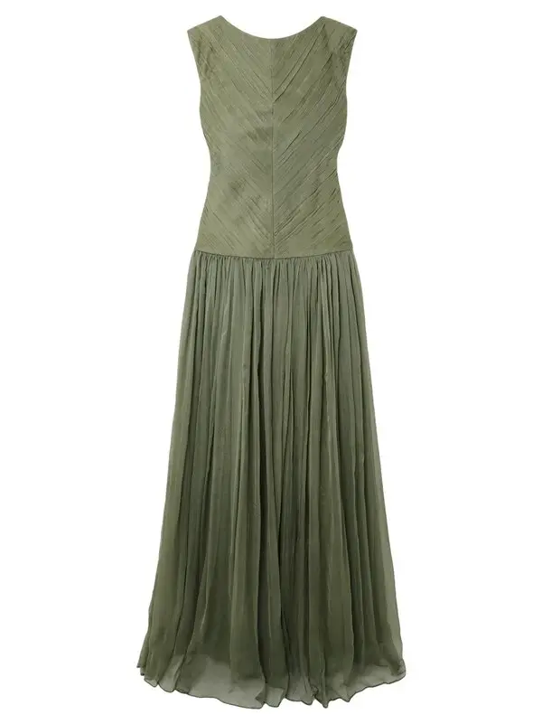 ABADIA Eden Pintucked Chiffon Gown - Green