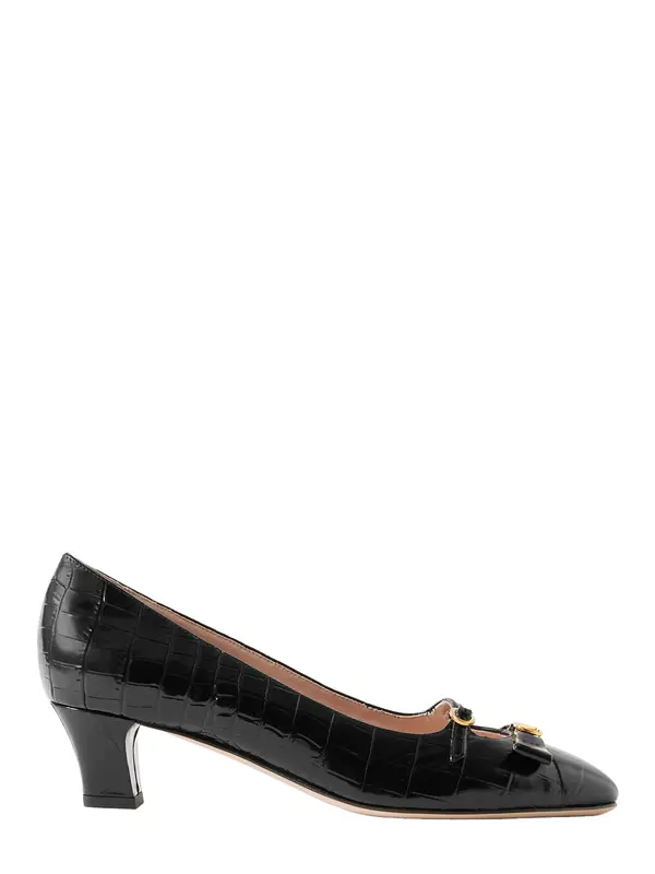 Valentino Garavani Bowow Décolleté 45 Embellished Croc-effect Leather Pumps - Black