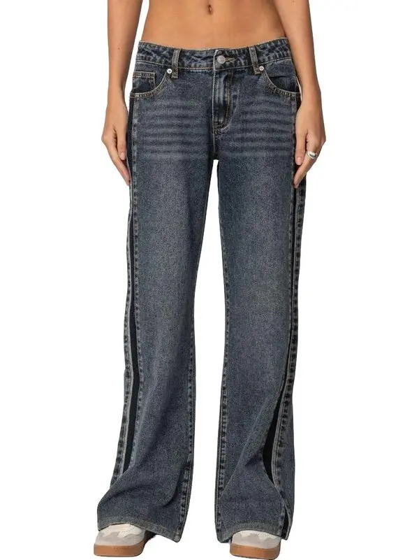 EDIKTED Contrast Panel Low Rise Wide Leg Jeans - Dark-blue