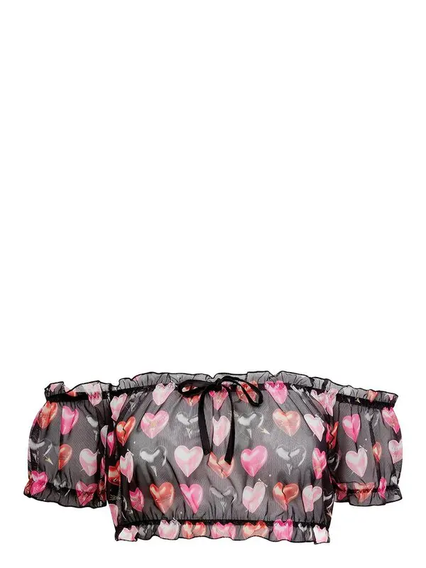 Fleur Du Mal Ruched Mesh Crop Top - Heartbreaker Print