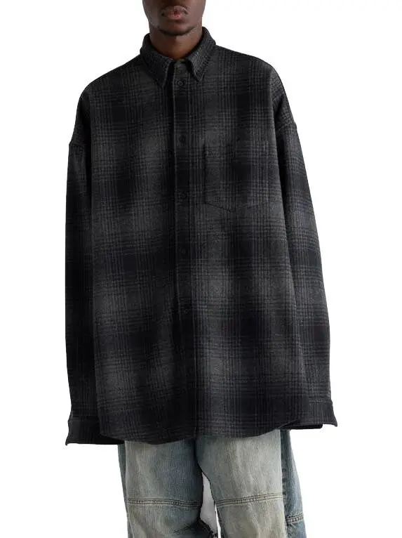 Balenciaga Oversize Plaid Wool Blend Flannel Button-down Shirt - 1262 Grey/ Black