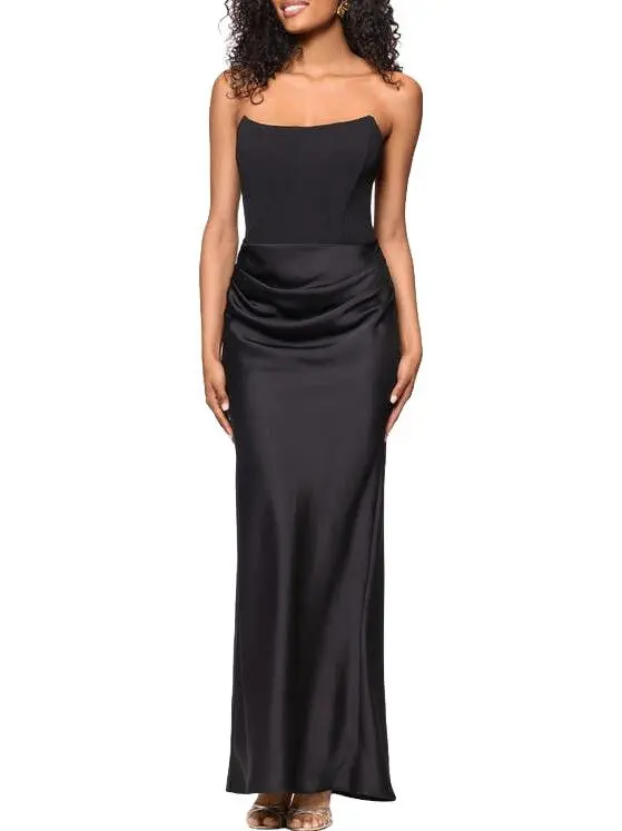 Betsy & Adam Strapless Mixed Media Gown - Black
