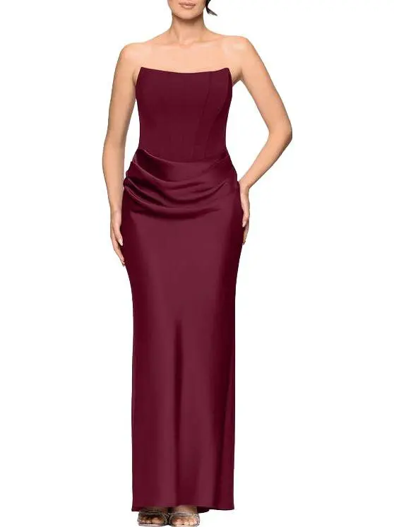 Betsy & Adam Strapless Mixed Media Gown - Plum