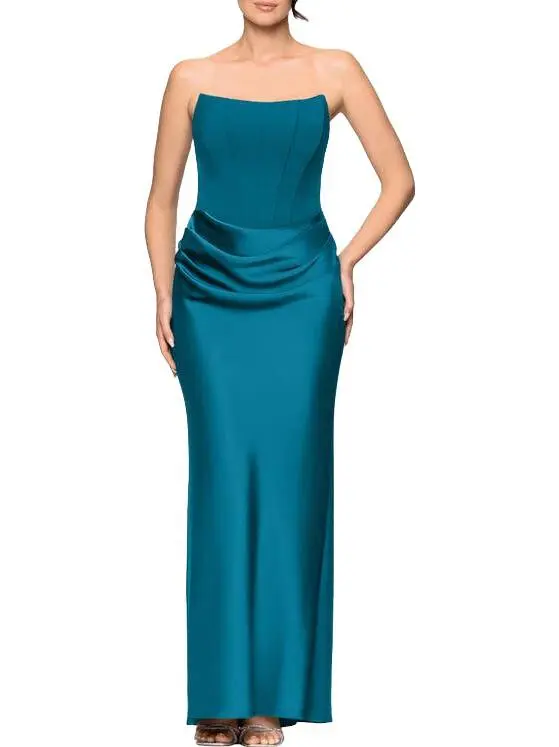 Betsy & Adam Strapless Mixed Media Gown - Teal