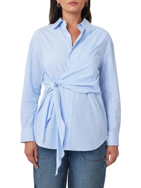 Scotch & Soda Stripe Side-tie Cotton Shirt - Sky Blue/ White Stripe