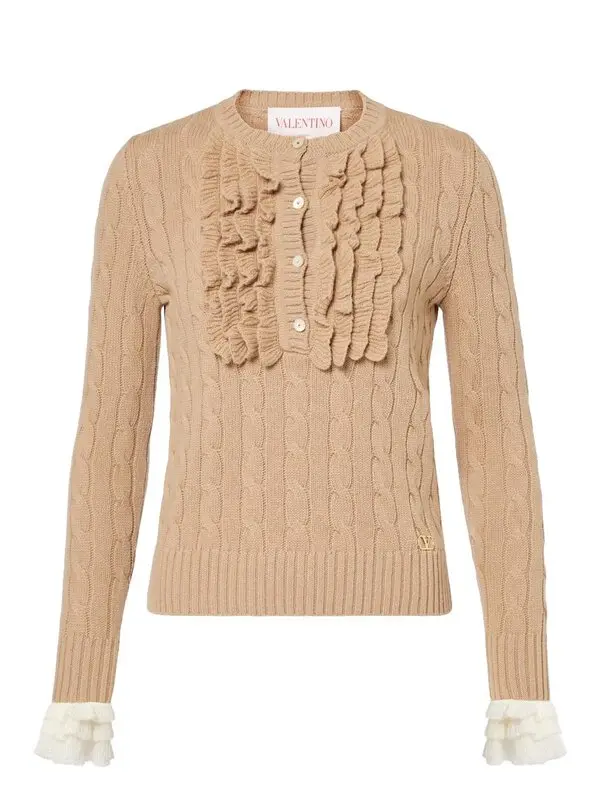 Valentino Garavani Ruffled Cable-knit Virgin Wool Sweater - Beige