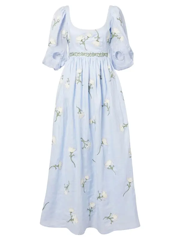 Agua Bendita Viviane Floral Linen Maxi Dress - Blue