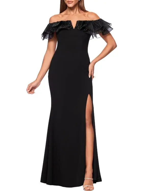 XSCAPE EVENINGS Off-the-shoulder Organza & Scuba Crepe Gown - Black