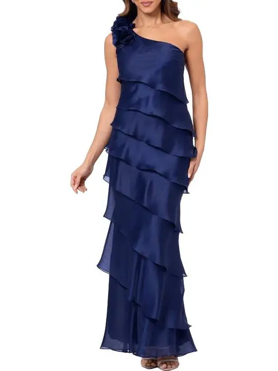 XSCAPE EVENINGS Ruffle One-shoulder Tiered Charmeuse Gown - Navy