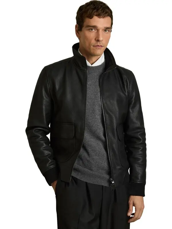 REISS Reed Pebbled-leather Funnel-neck Jacket - Black