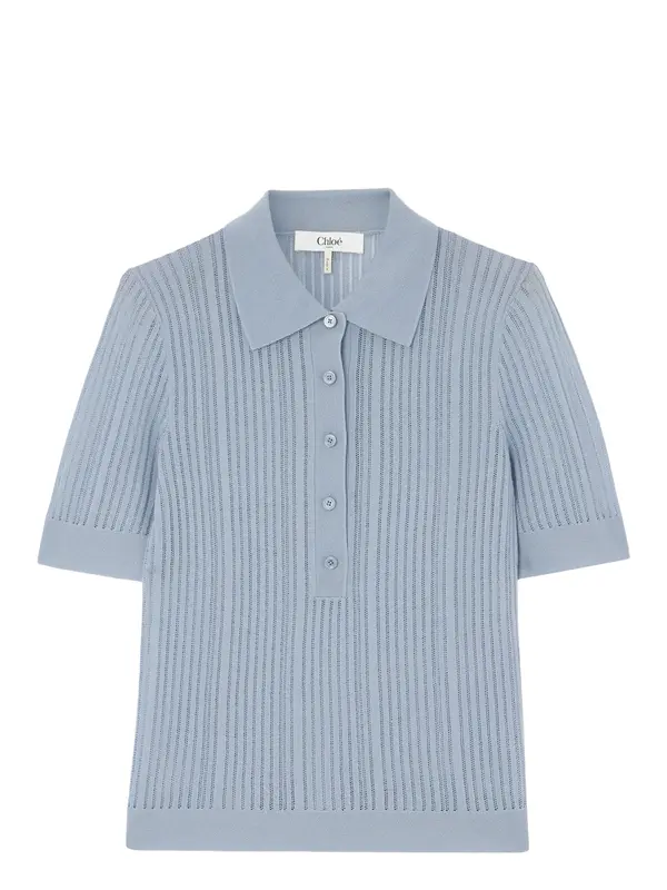 Chloé Ribbed Open-knit Wool Polo Shirt - Blue