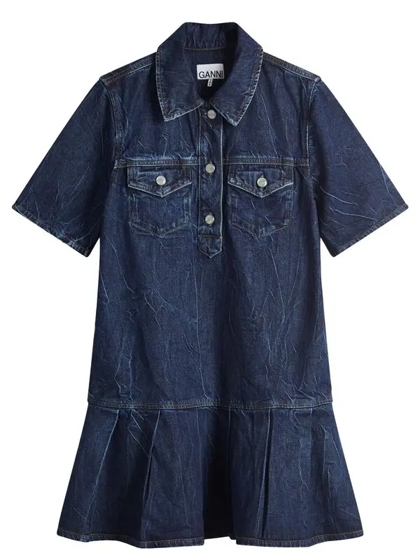 GANNI Crinkled Future Denim Mini Dress - Mid Blue Stone