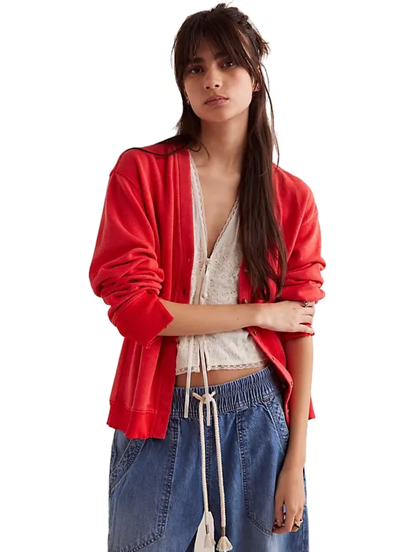 Free People Relaxed Fit V-neck Cardigan - Poppy Red