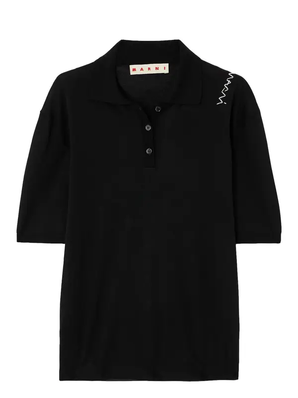 Marni Embroidered Wool And Silk-blend Polo - Black
