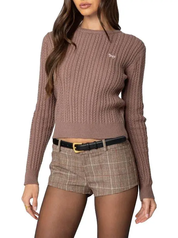EDIKTED Beverly Bow Cable Stitch Sweater - Brown