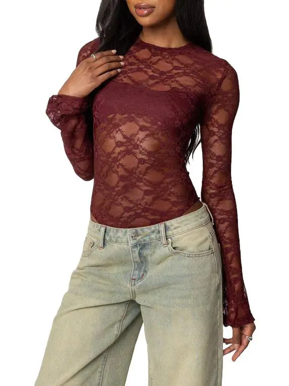 EDIKTED Colette Sheer Lace Bodysuit - Burgundy