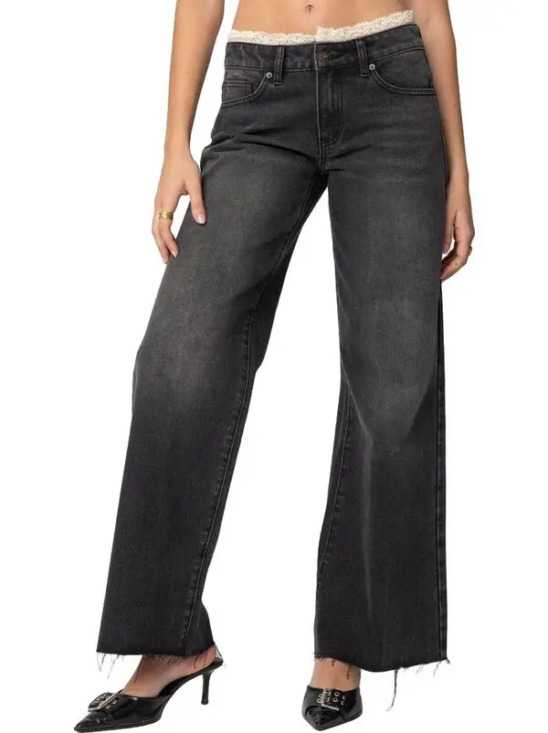 EDIKTED Karlie Lace Trim Wide Leg Jeans - Black-washed