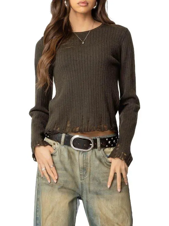 EDIKTED Distressed Ribbed Crewneck Sweater - Olive