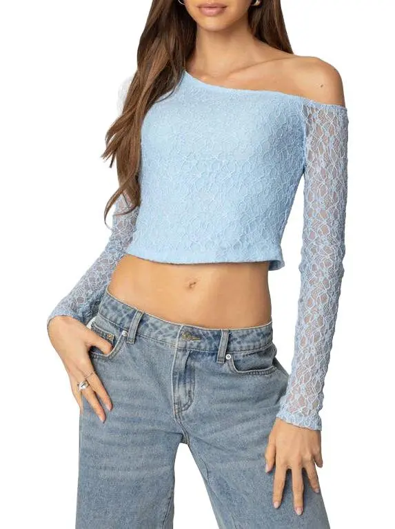 EDIKTED Fabia One-shoulder Lace Crop Top - Light-blue