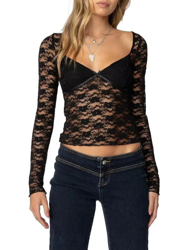 EDIKTED Mykonos Sheer Lace Crop Top - Black