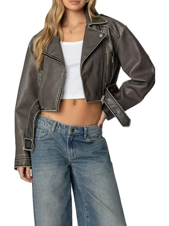 EDIKTED Washed Faux Leather Moto Jacket - Gray-washed